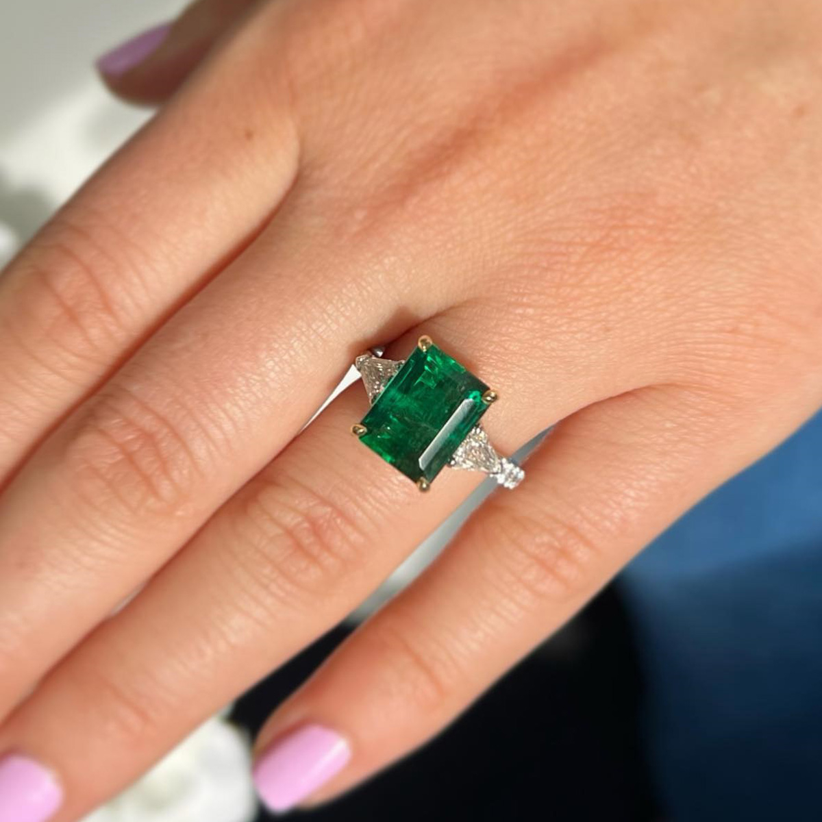 8ct Emerald Cut Emerald Three Stone Engagement Ring | SayaBling