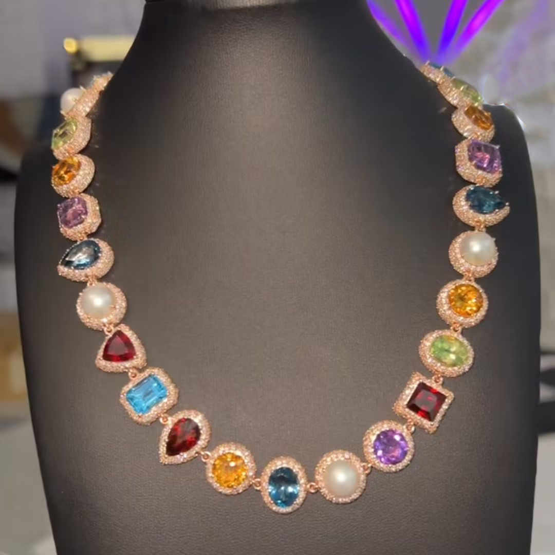 100ctw Multi-cut Multicolor Sapphire Halo Statement Necklace | SayaBling