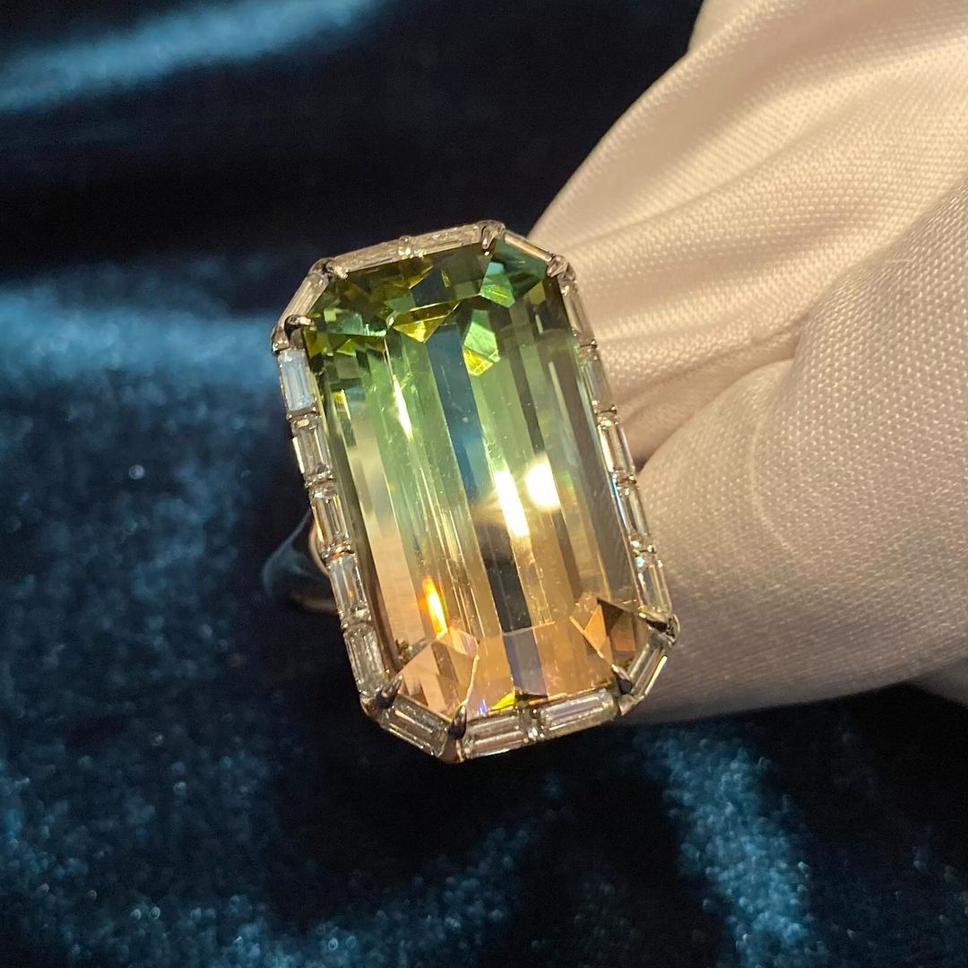 6.2ct Halo Emerald Cut Bicolor Tourmaline Engagement Ring | SayaBling
