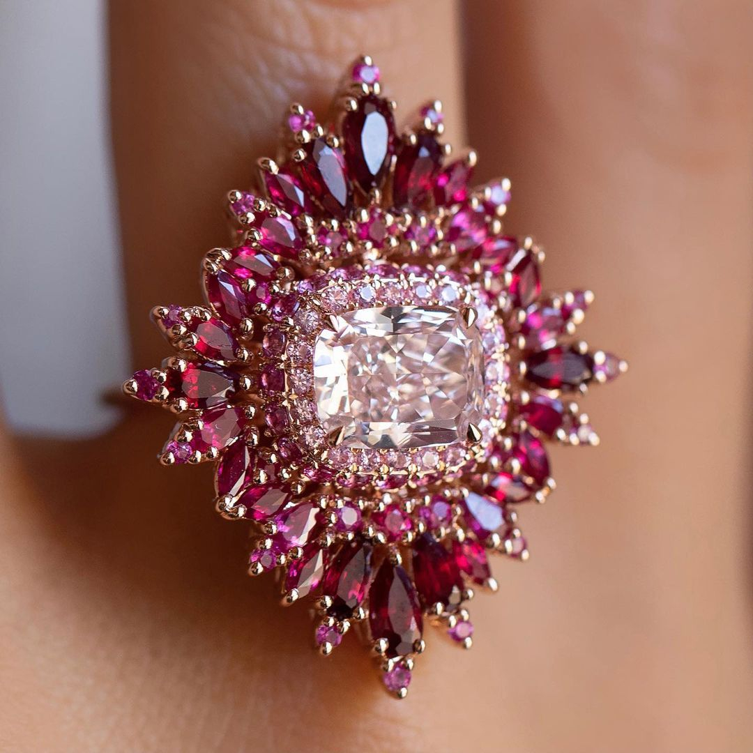 Vintage Pink Sapphire and Ruby Cluster Cocktail Ring | SayaBling
