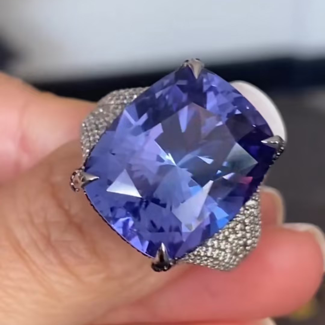 8ct Cushion Cut Tanzanite Blue Sapphire Paved Cocktail Ring | SayaBling