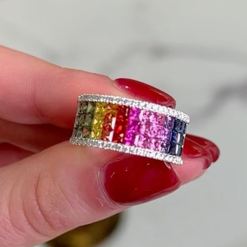5ctw Princess Cut Three Row Rainbow Wedding Band | SayaBling