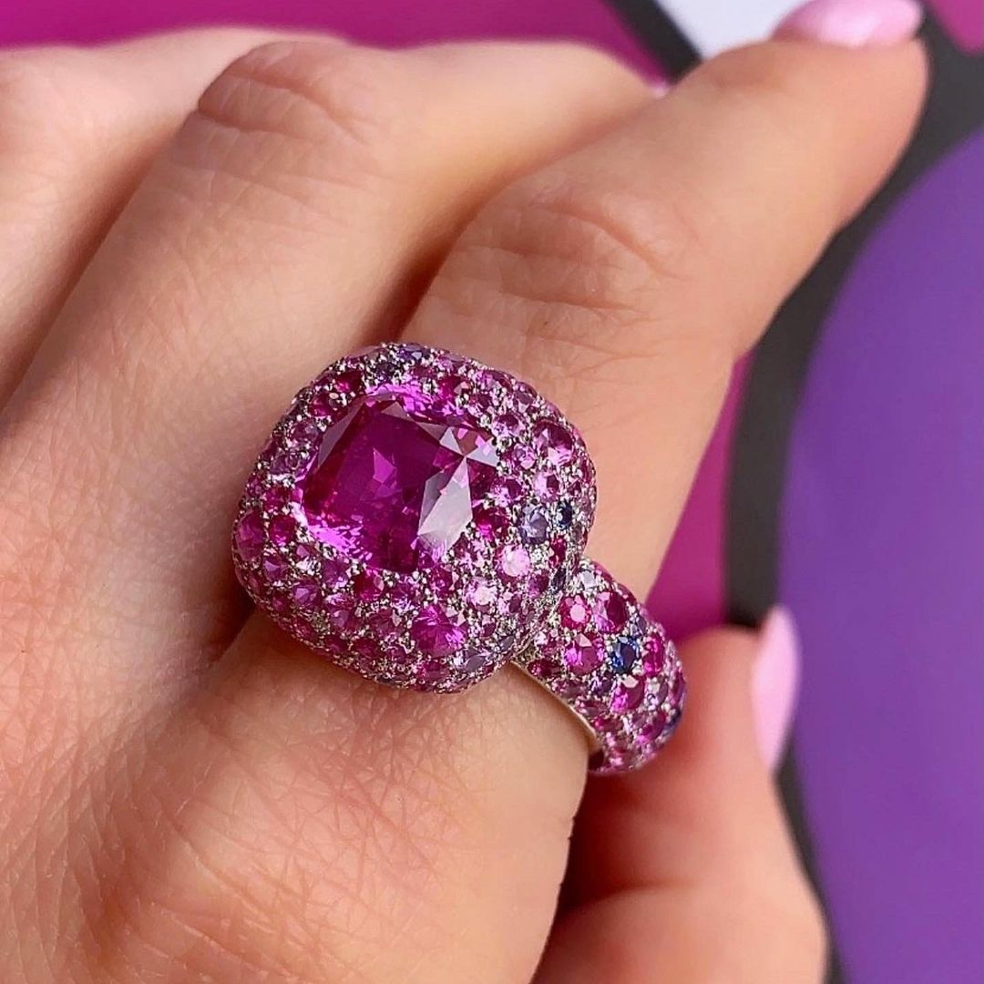 Fuchsia and Pink Sapphire Allover Paved Ring | SayaBling