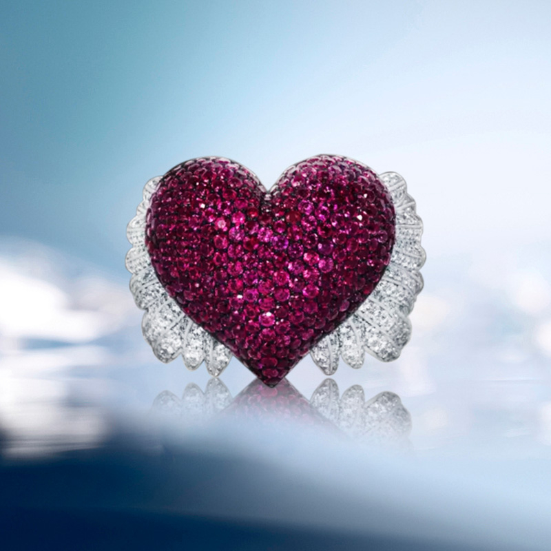 Angel Wing Ruby Paved Heart Cocktail Ring | SayaBling