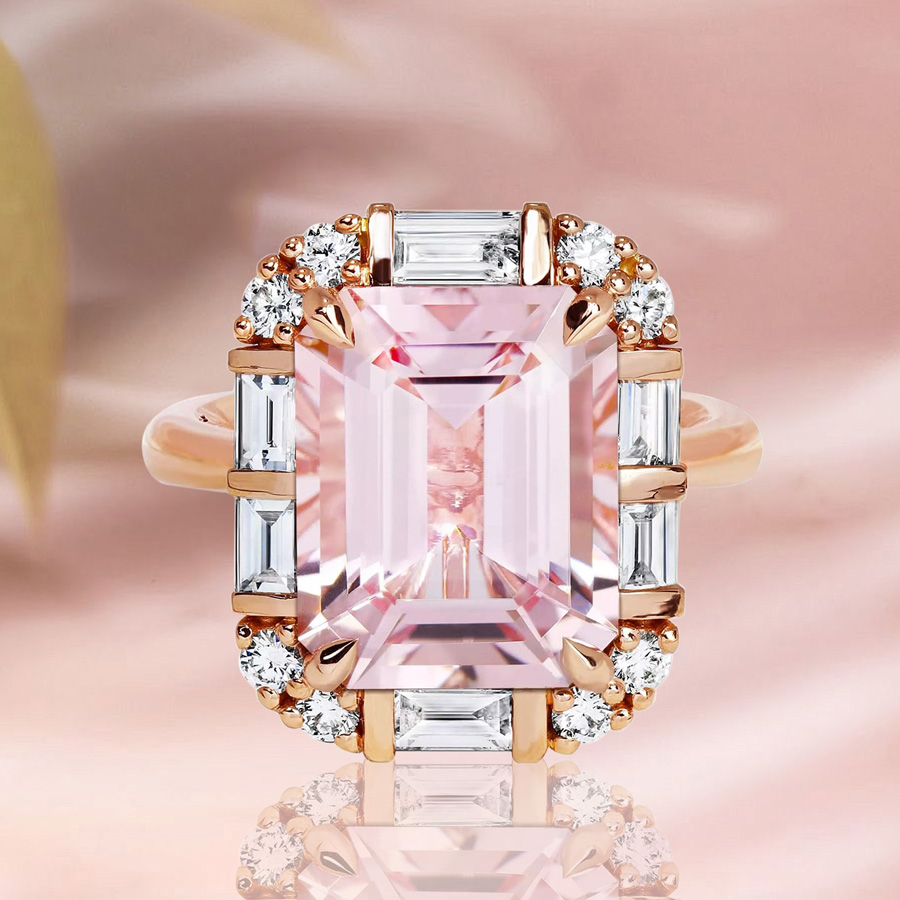 8.4ct Halo Emerald Cut Morganite Pink Sapphire Engagement Ring | SayaBling
