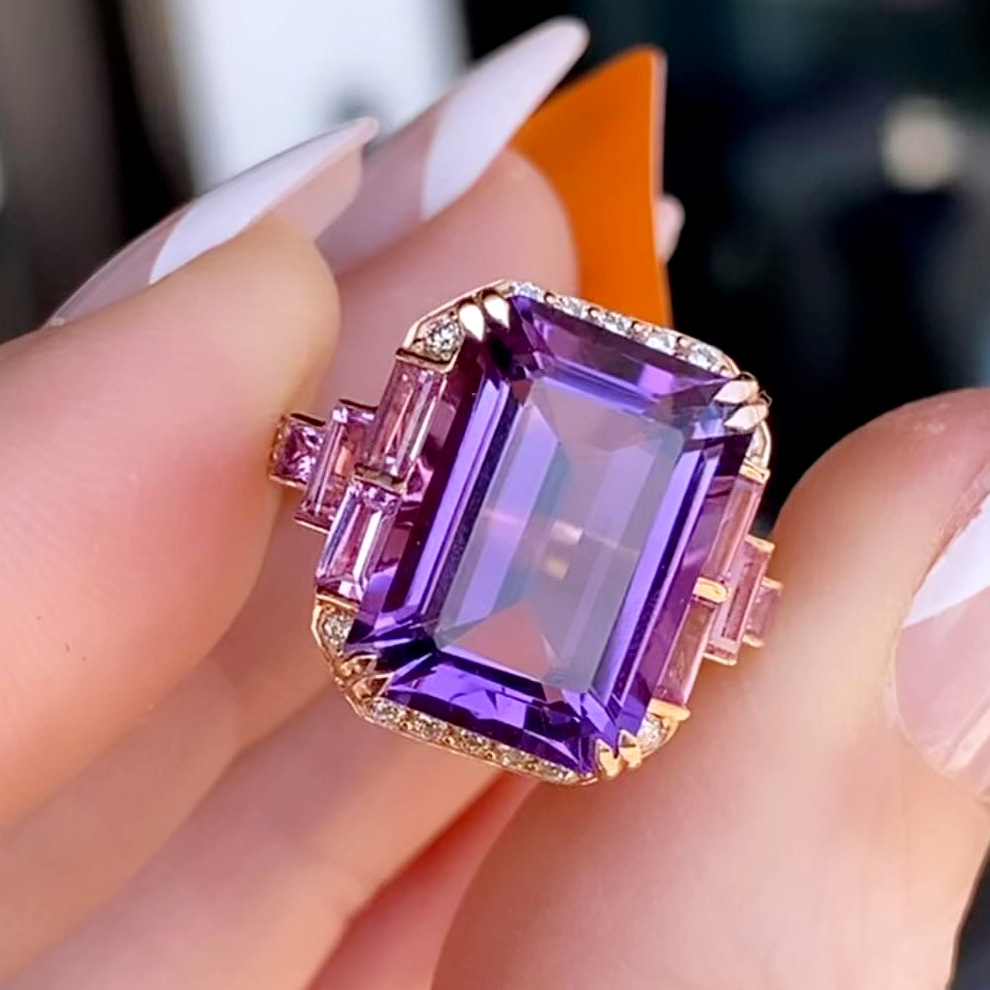 8.4ct Emerald Cut Amethyst and Fuchsia Sapphire Cocktail Ring | SayaBling