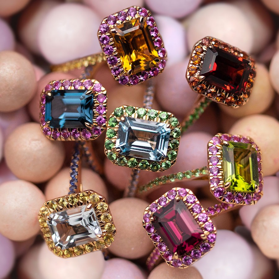 5ct Emerald Cut Multicolor Sapphire Halo Cocktail Ring | SayaBling