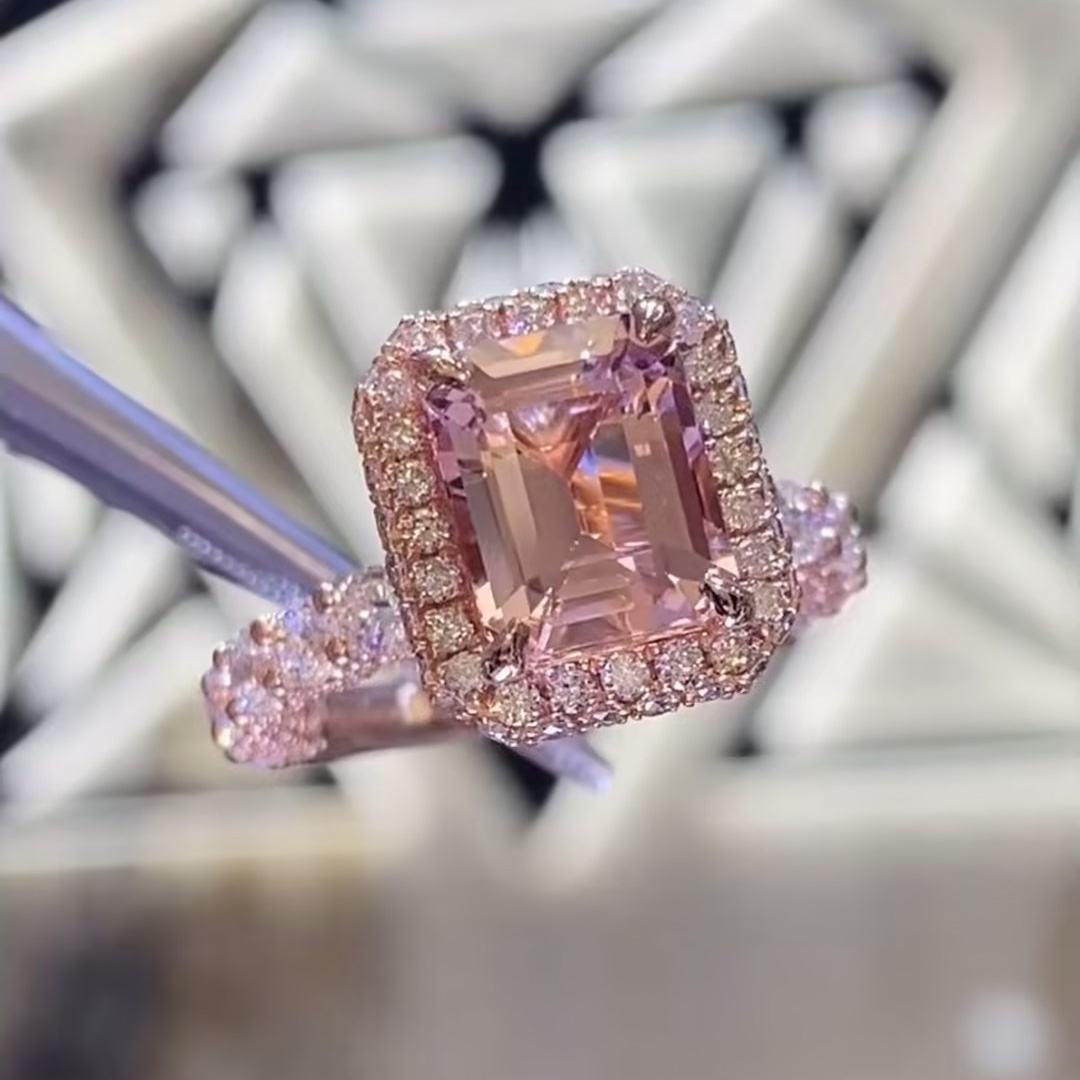 6ct Emerald Cut Morganite Pink Sapphire Halo Engagement Ring | SayaBling