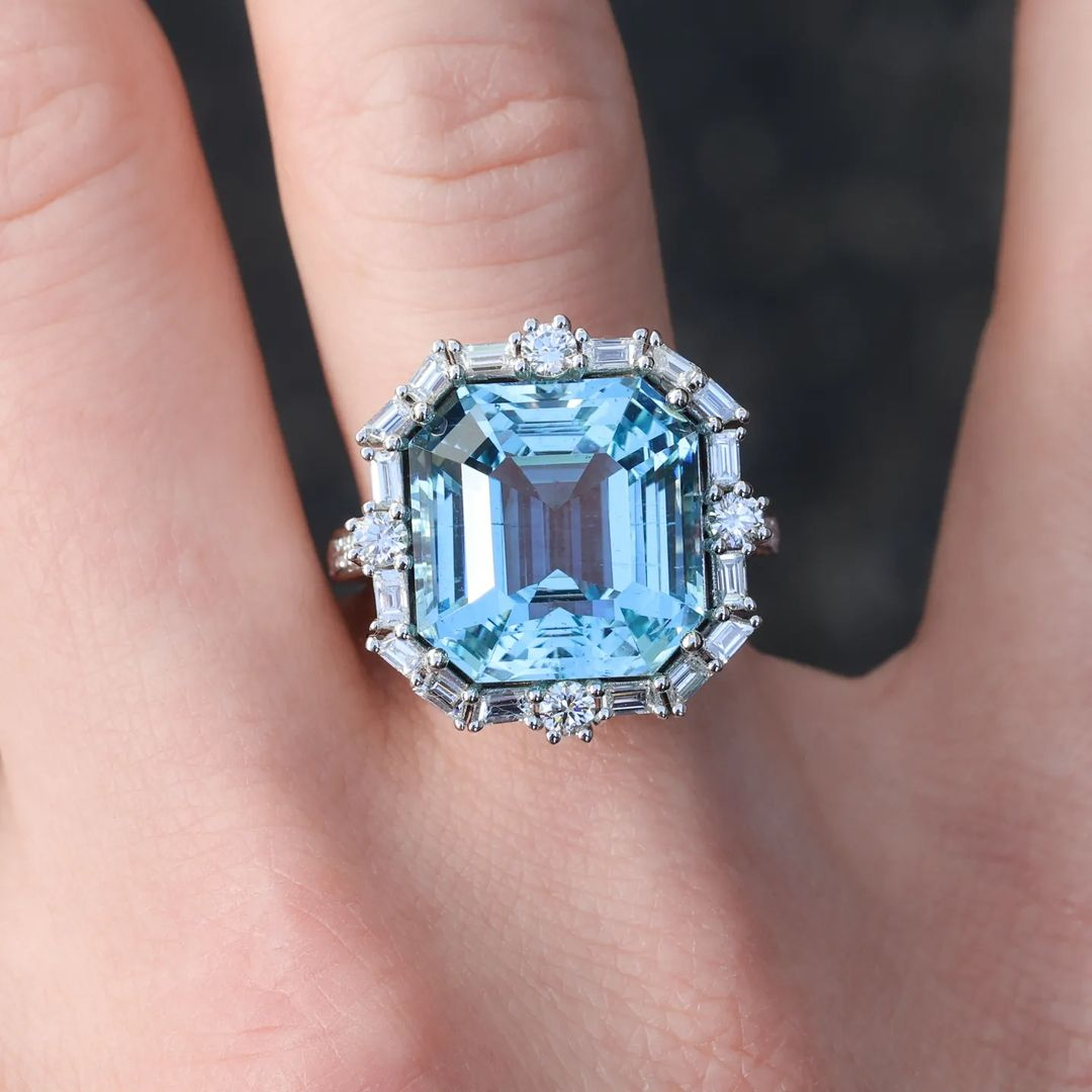 10ct Asscher Cut Aquamarine Vintage Halo Cocktail Ring | SayaBling