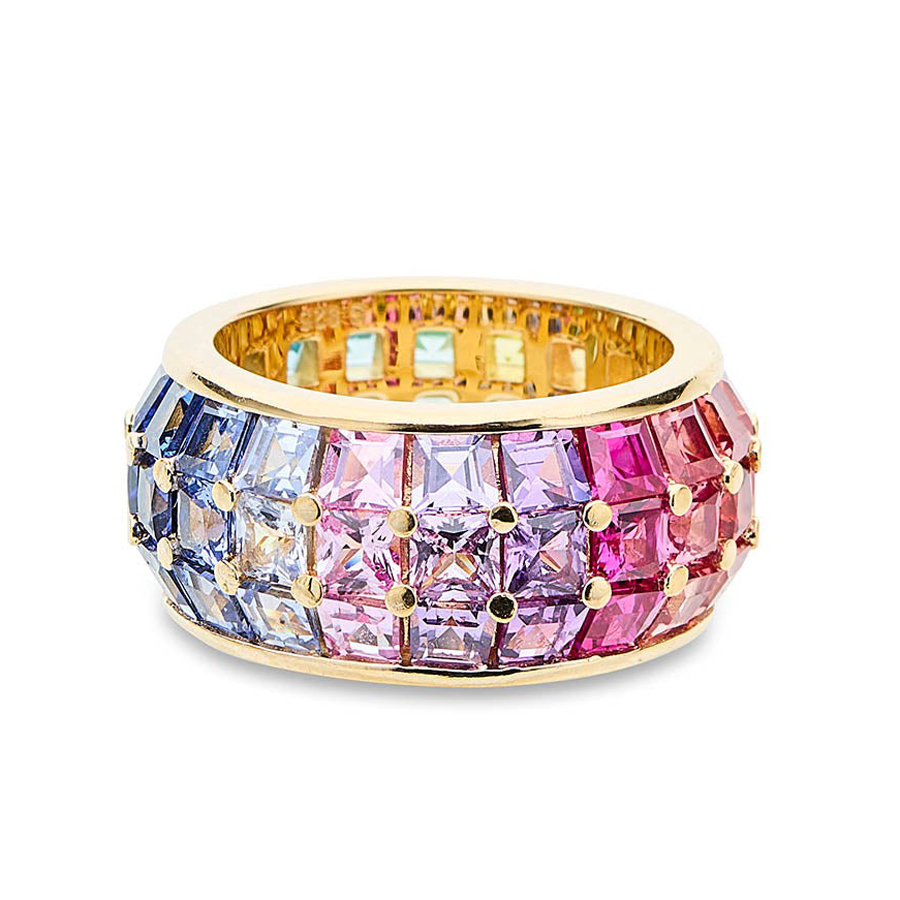 Three Row Princess Cut Rainbow Sapphire Bold Cocktail Ring | SayaBling