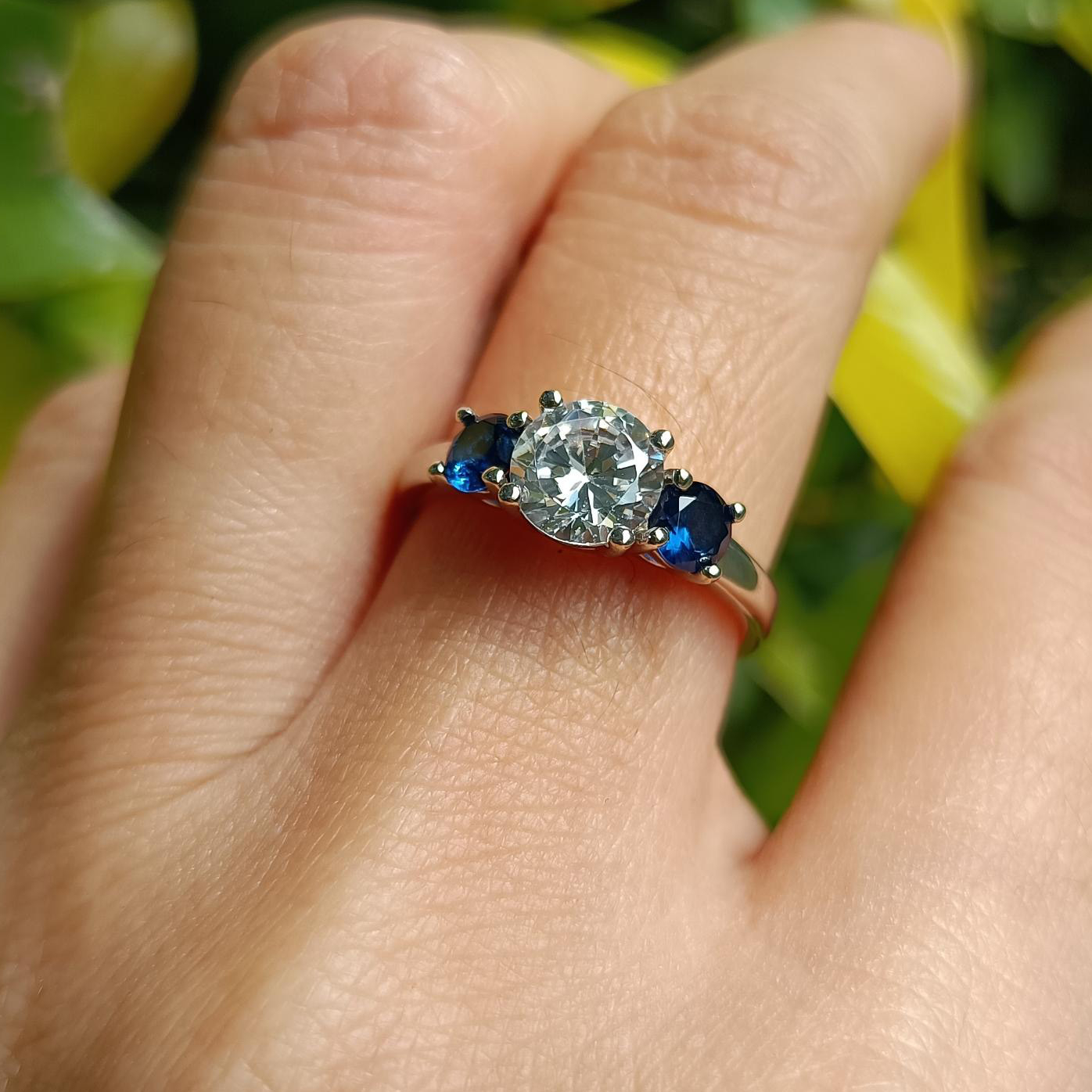 Three-Stone Round Cut White Sapphire Engagement Ring for Women | SayaBling