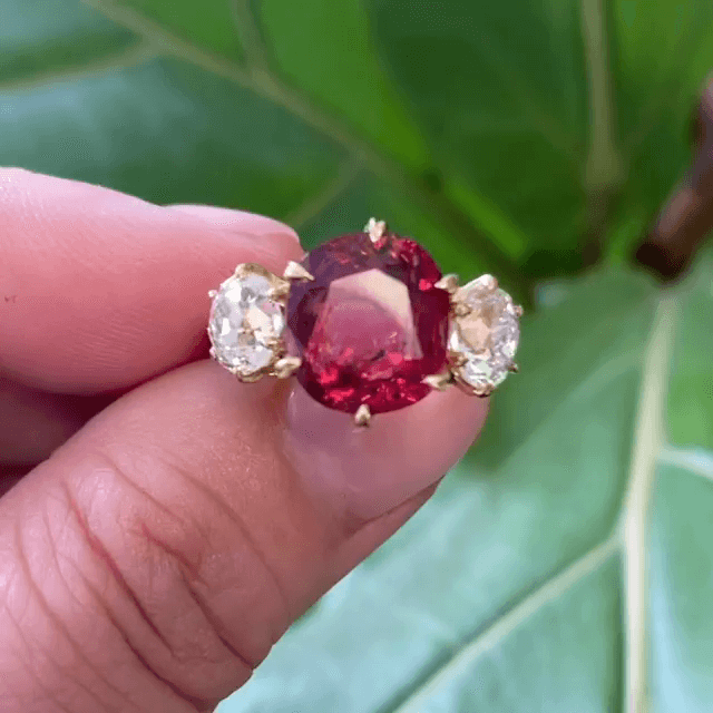Three-Stone Cushion Cut Ruby Engagement Ring for Women in Gold | SayaBling