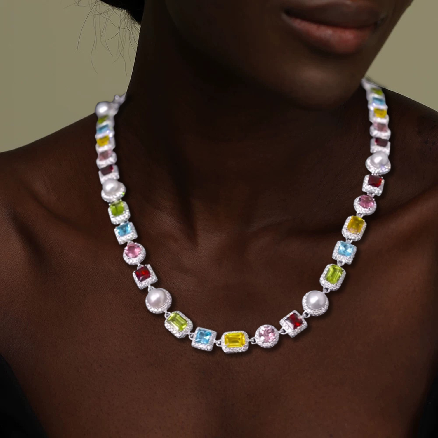 90ctw Multi-cut Multicolor Sapphire Halo Statement Necklace | SayaBling