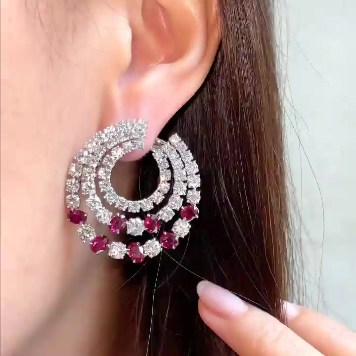 Round Cut Ruby & White Sapphire Swirl Earrings in Sterling Silver ...