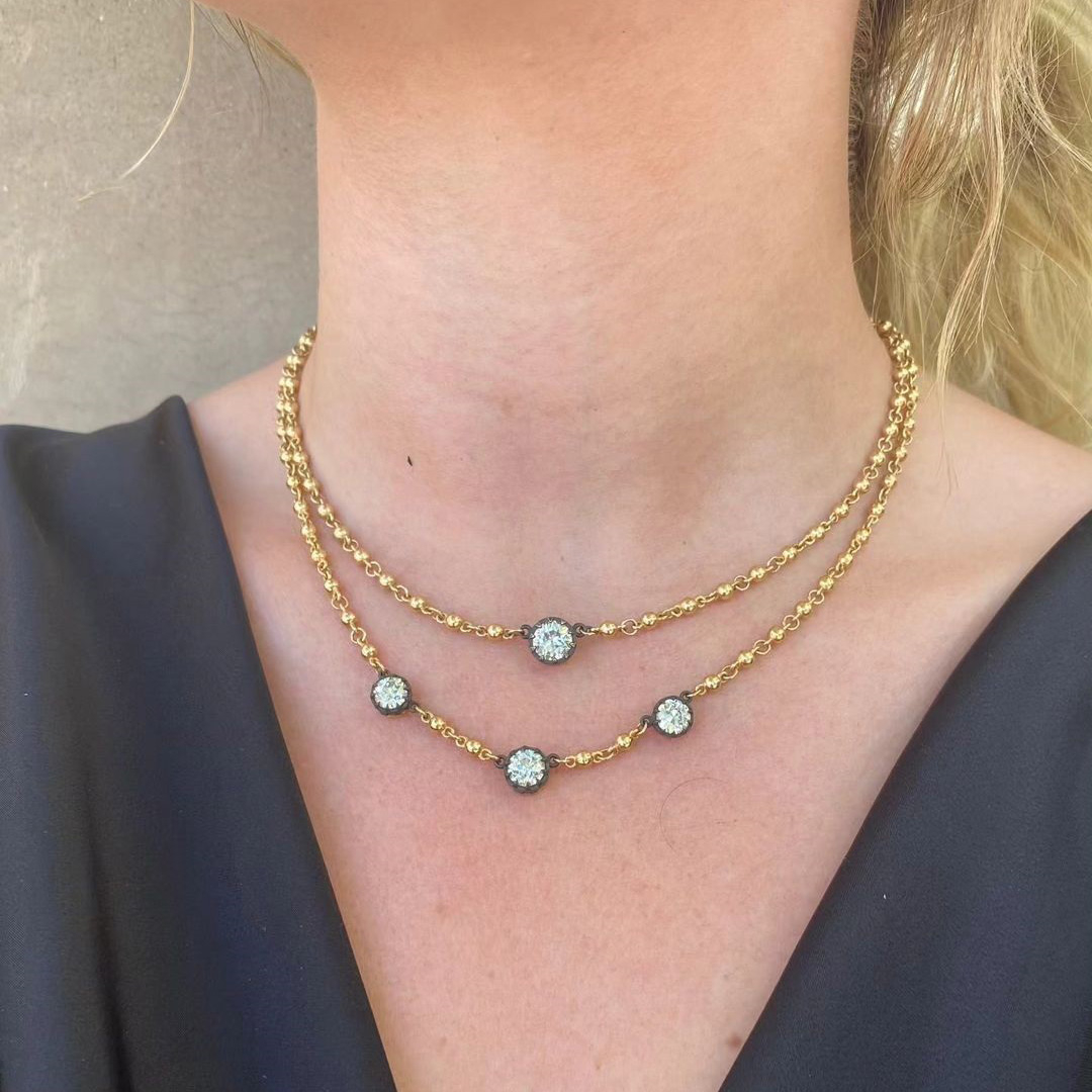 Round Cut White Sapphire Ball Chain Station Necklace | SayaBling