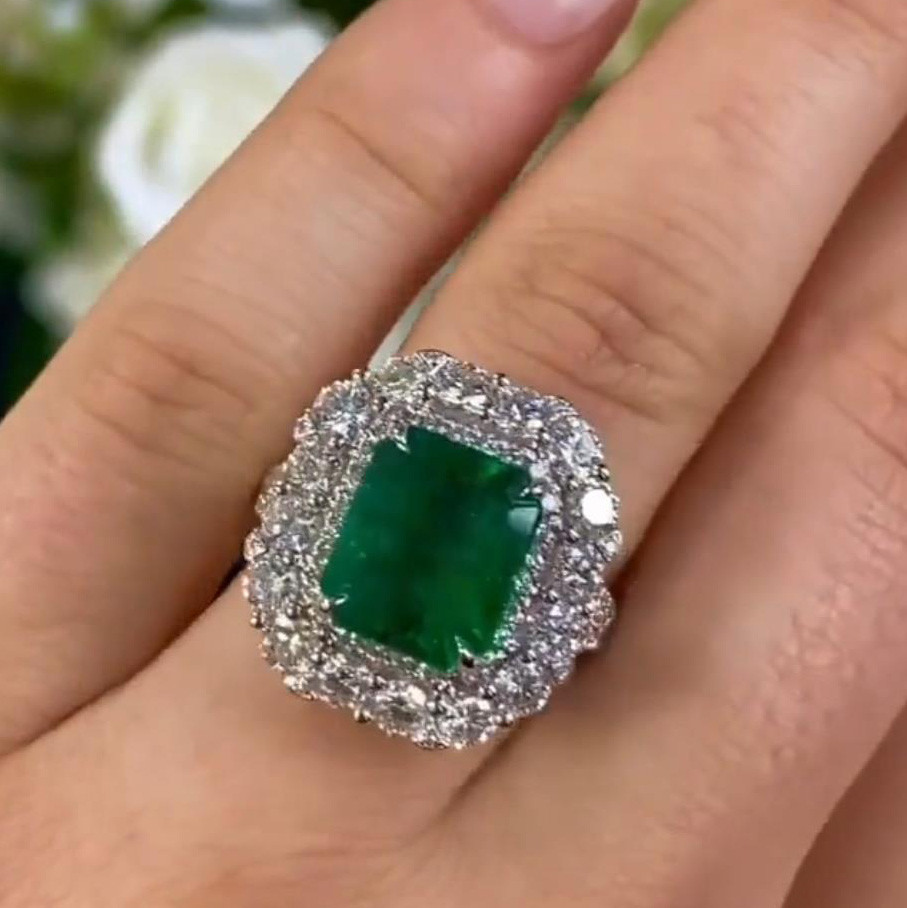 6ct Emerald Double Halo Engagement Ring | SayaBling Jewelry
