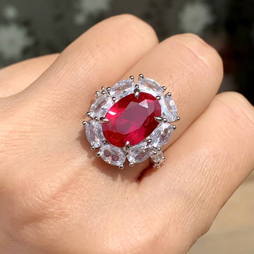 5.8ct Oval Cut Ruby Engagement Ring in Sterling Silver | SayaBling