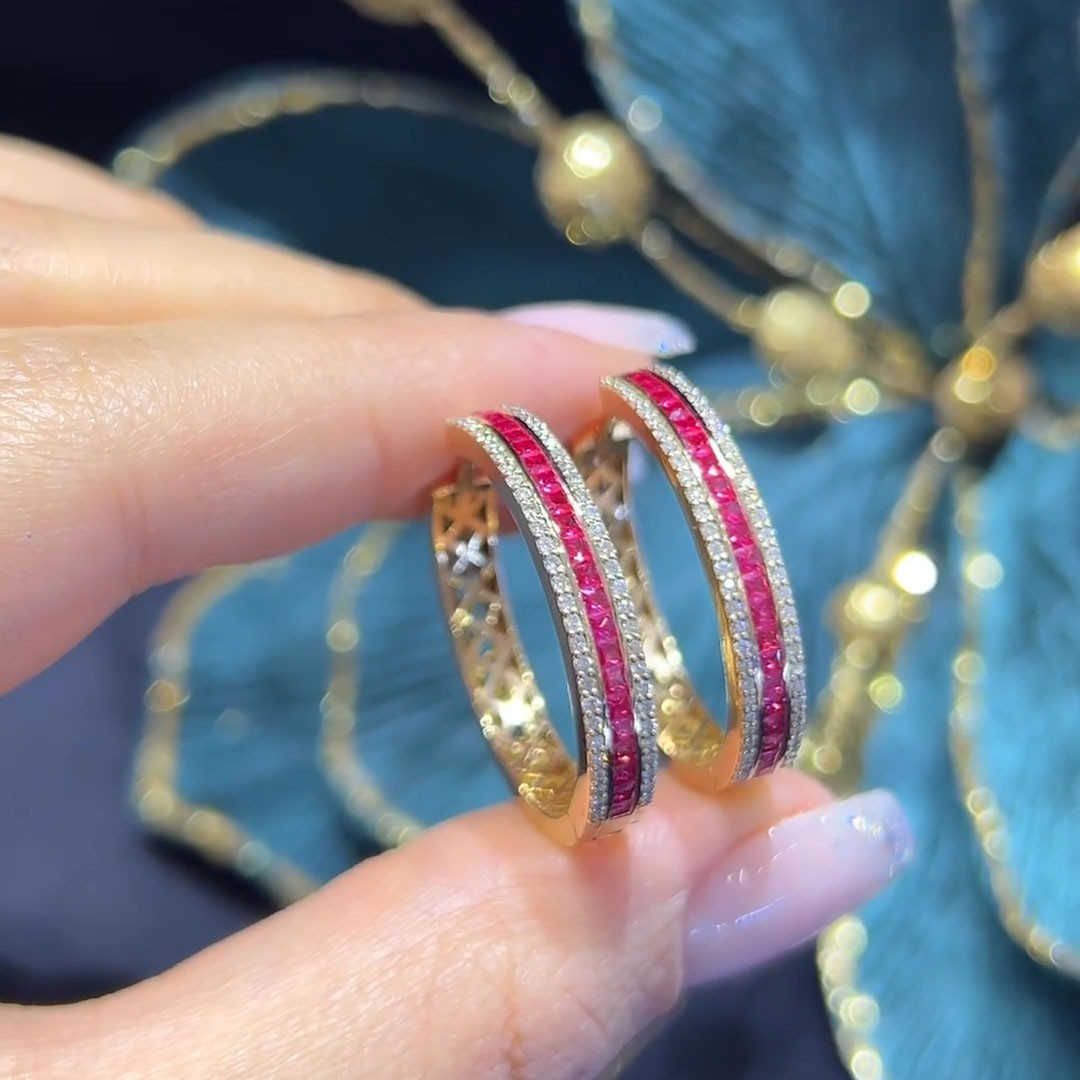 Clasic Princess Cut Ruby Hoop Earrings | SayaBling