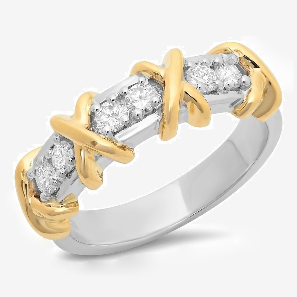 Round Cut White Sapphire Two Tone Knot Wedding Band | SayaBling