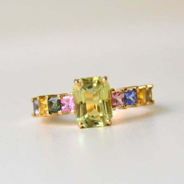 5ct Emerald Cut Light Green Sapphire Rainbow Engagement Ring | SayaBling