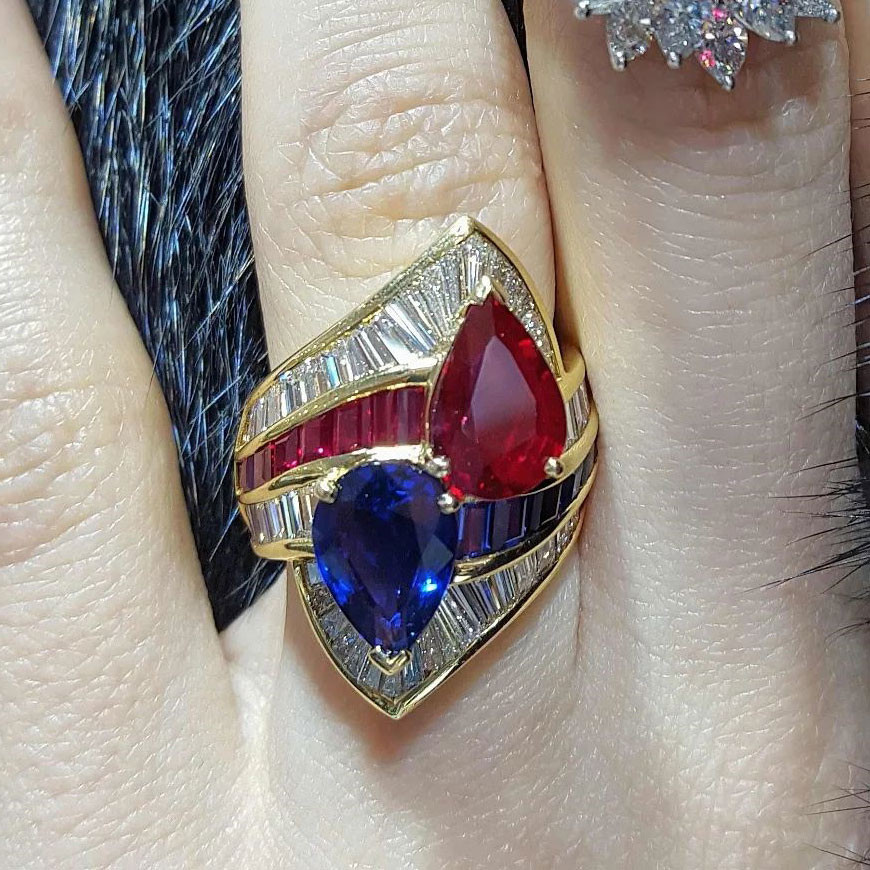 Pear Cut Ruby and Sapphire Crossover Engagement Ring | SayaBling