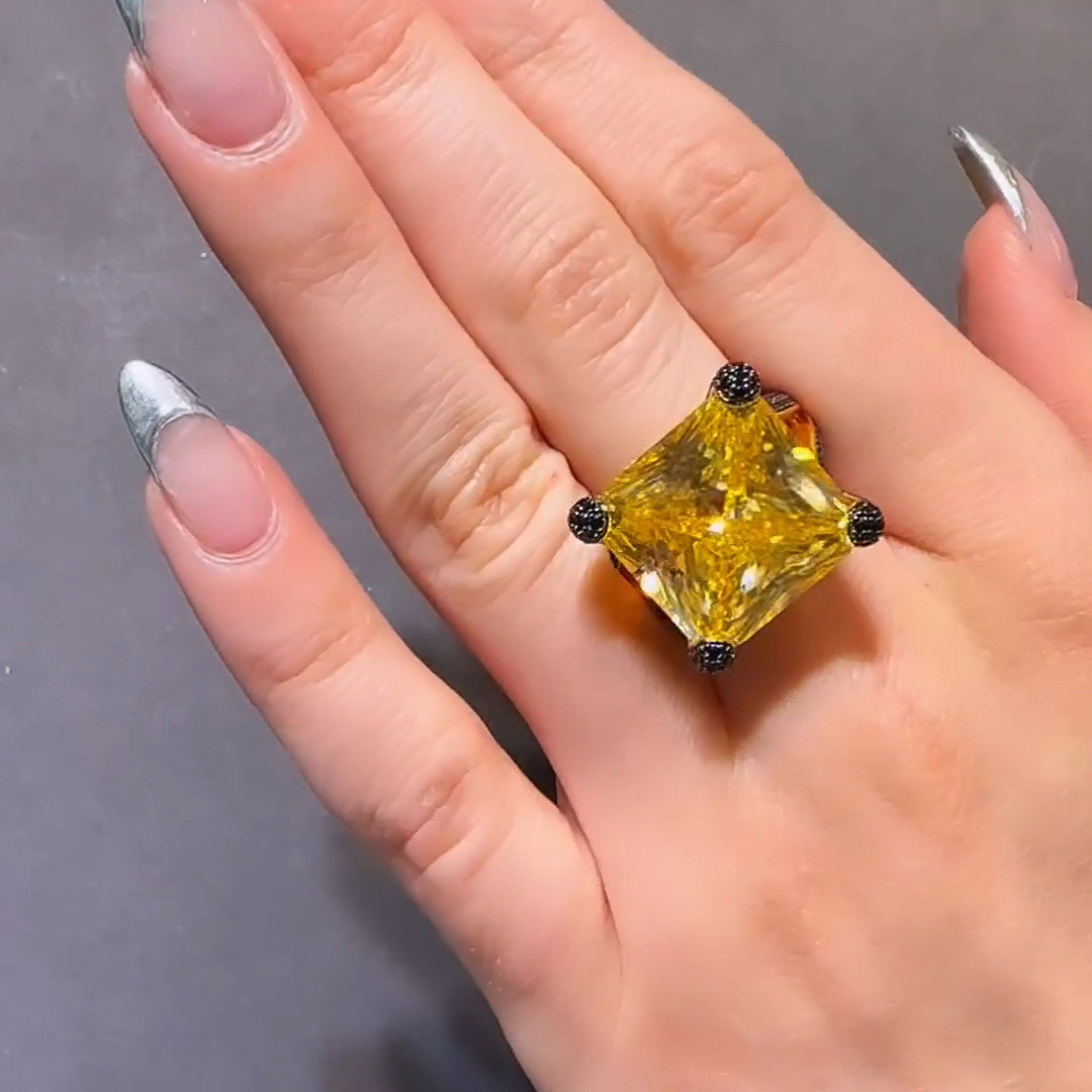 12ct Princess Cut Yellow Sapphire Bold Paved Ring | SayaBling Jewelry