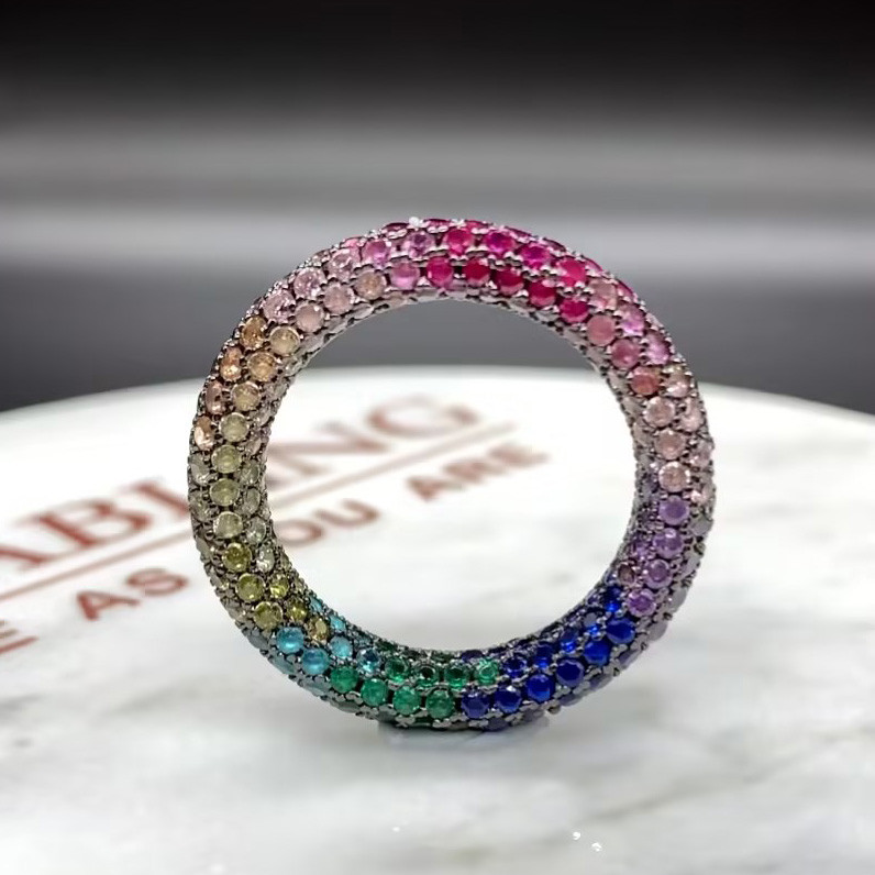 Multicolor Sapphire Inside and Out Paved Eternity Ring | SayaBling Jewelry