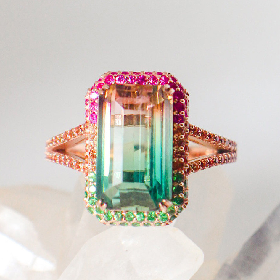 6.2ct Emerald Cut Bicolor Tourmaline Engagement Ring | SayaBling