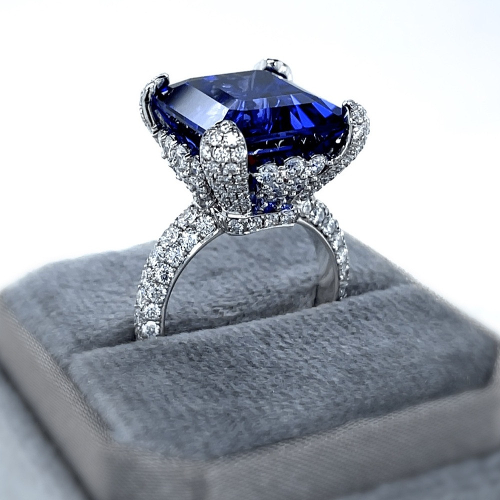 8ct Asscher Cut Blue Sapphire Engagement Ring | SayaBling