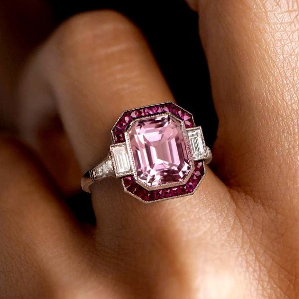 6ct Emerald Cut Pink Sapphire Vintage Engagement Ring | SayaBling