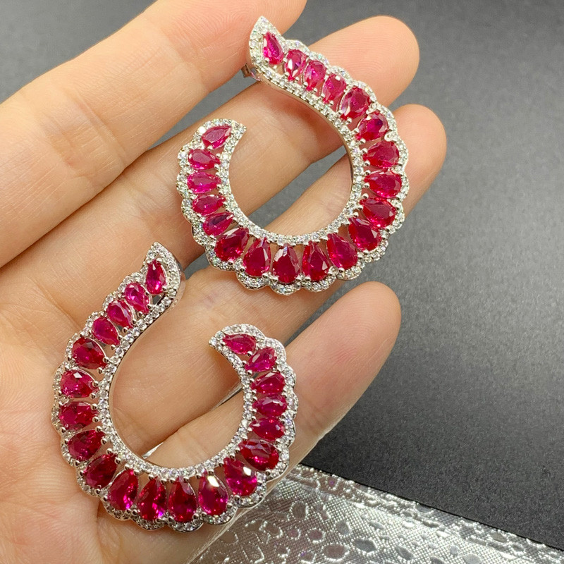 14ctw Pear Cut Ruby & White Sapphire Drop Earrings | SayaBling