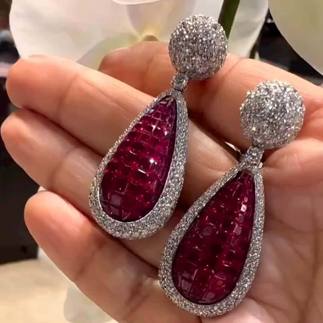 15ctw Vintage Cushion Cut Ruby Invisible Setting Earrings | SayaBling