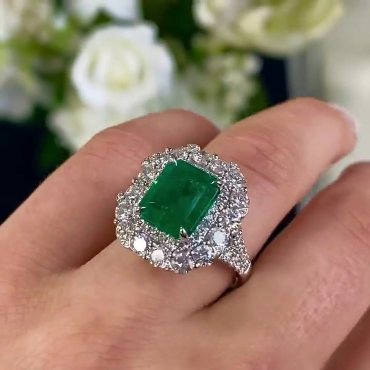 Double Halo Emerald Cut Engagement Ring for Women in Sterling Silver ...