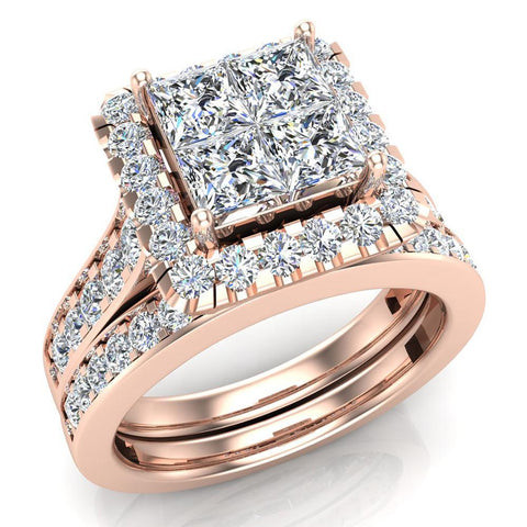 8ct Square Cluster Composite Diamond Bridal Set in Rose Gold for Women ...