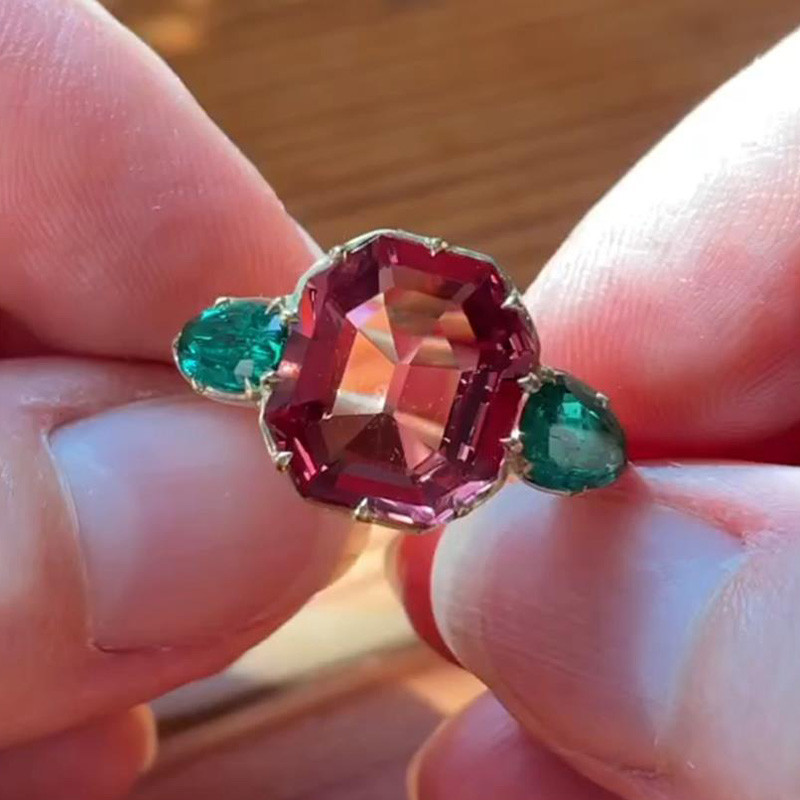 5ct Emerald Cut Ruby Vintage Three Stone Cocktail Ring | SayaBling