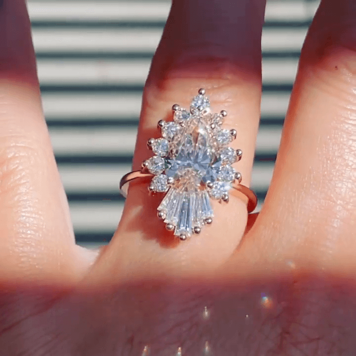 8ct Art Deco Pear Cut White Sapphire Ring in Rose Gold | SayaBling