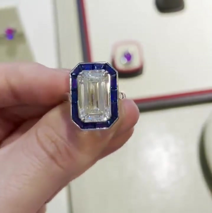 SayaBling Sapphire Calibre Halo Emerald Cut Engagement Ring | SayaBling