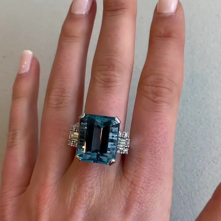14ct Emerald Cut Aquamarine Art-deco Women's Cocktail Ring | SayaBling