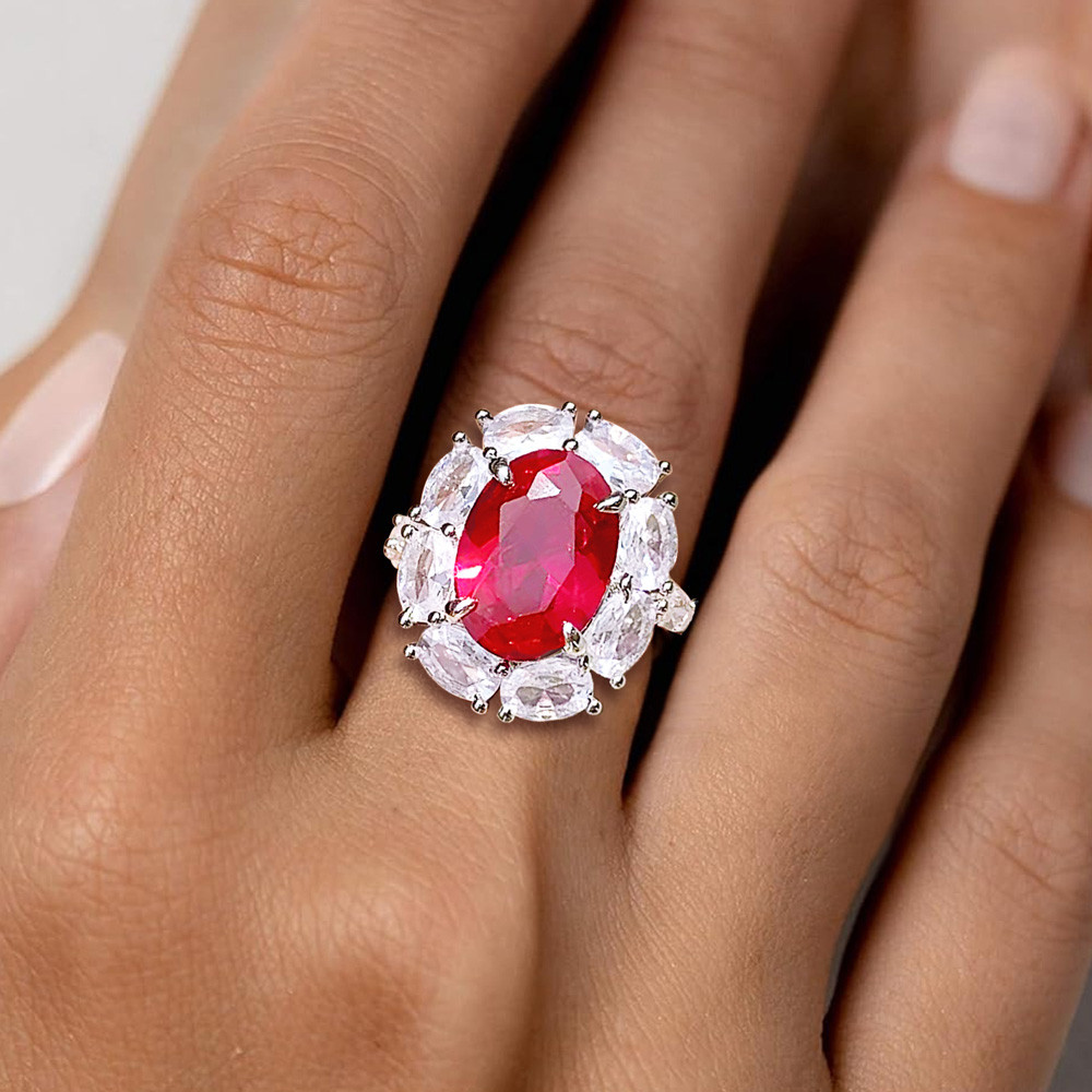 5.8ct Oval Cut Ruby Engagement Ring in Sterling Silver | SayaBling