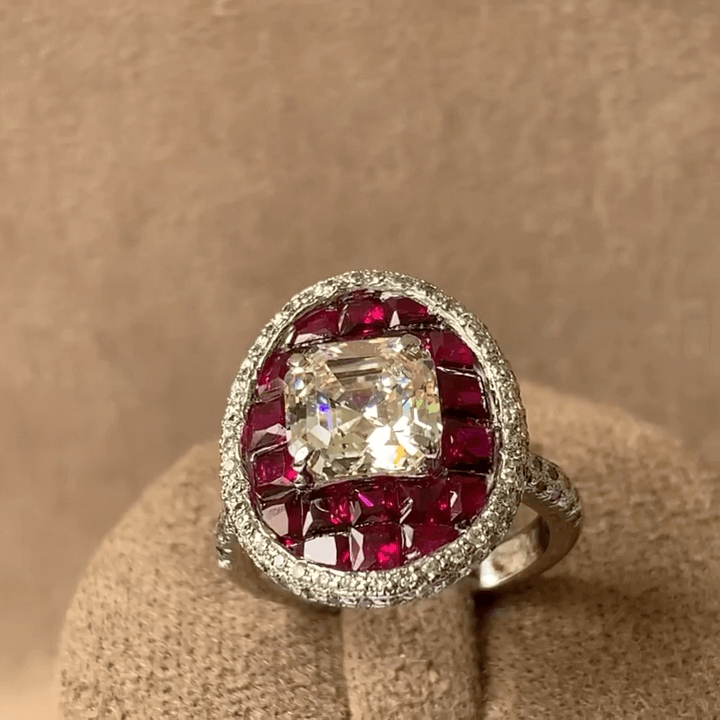 6.85ct Asscher Cut Ruby & Diamond Invisible Setting Ring | SayaBling