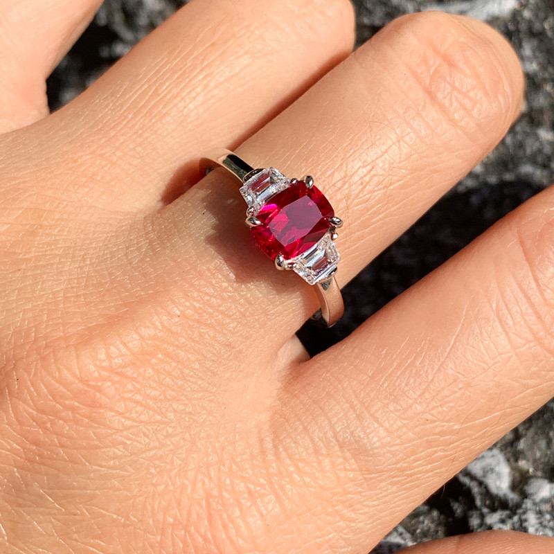 1.5ct Three-stone Cushion Cut Ruby Engagement Ring | SayaBling