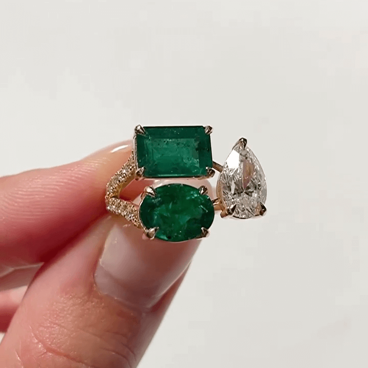 Emerald and Oval & Pear Cut Three-stone Ring in Gold | SayaBling