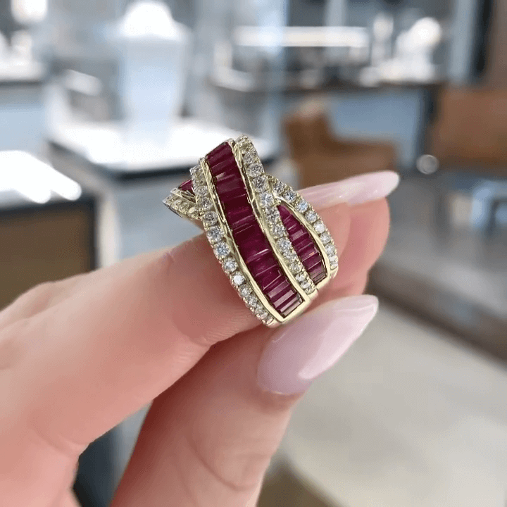 8.95ct Emerald Cut Ruby Engagement Ring in Gold | SayaBling