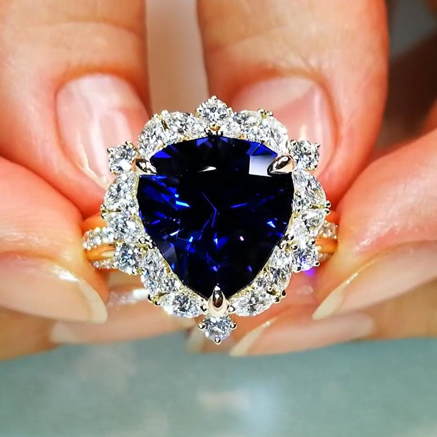 8ct Halo Trillion Cut Sapphire Engagement Ring | SayaBling