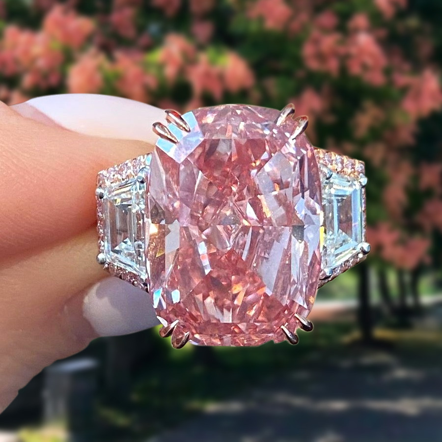 11ct Cushion Cut Pink Sapphire Three Stone Engagement Ring | SayaBling