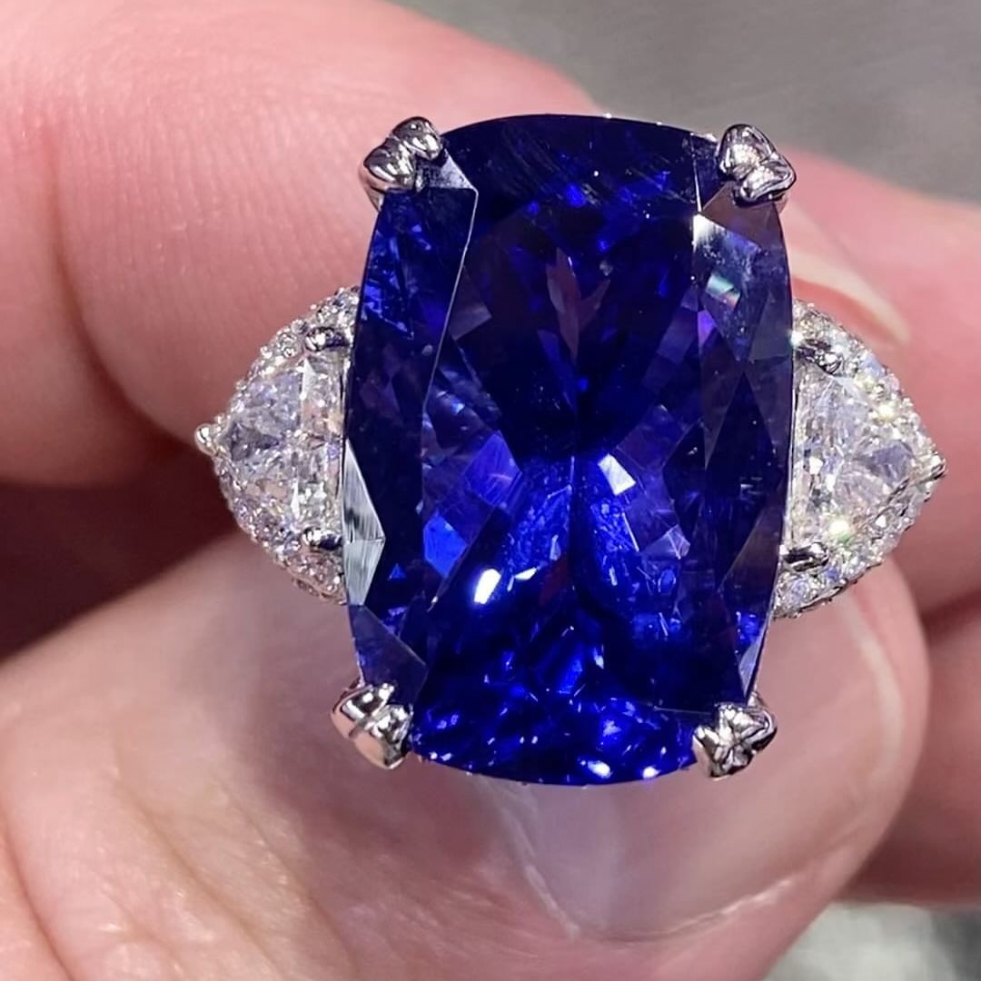 12ct Cushion Cut Blue Sapphire Three Stone Engagement Ring | SayaBling