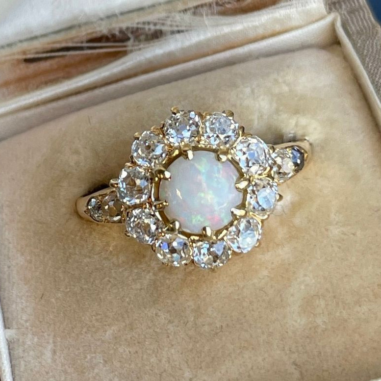 Edwardian Halo White Opal Engagement Ring | SayaBling Jewelry