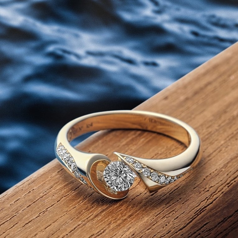 Round Cut White Sapphire Asymmetric Engagement Ring | SayaBling