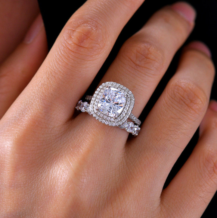 3.5ct Double Halo Cushion Cut Wedding Ring Set | SayaBling