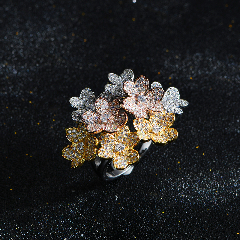 Three Tone Paved Flower Cocktail Ring | SayaBling